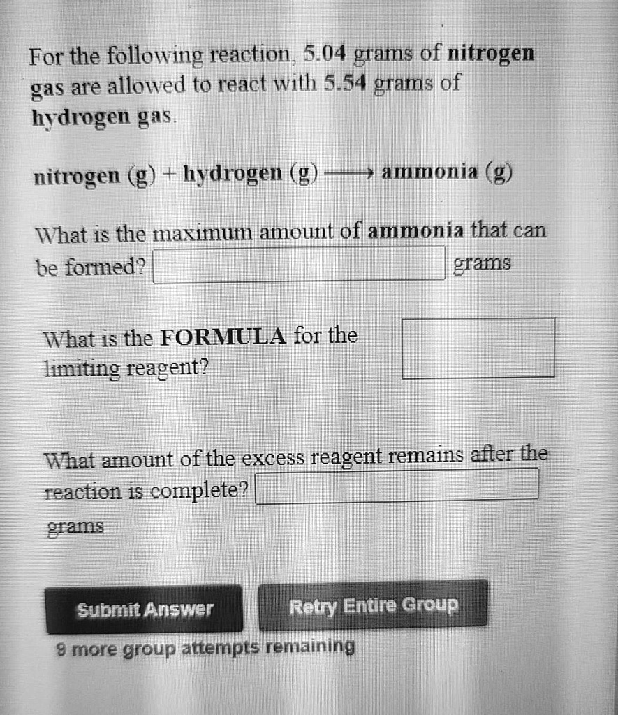for the following reaction 504 grars of nitrogen gas are allowed to react with 554 grams of ...
