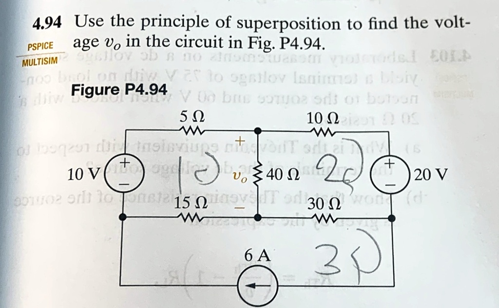 4.94 Use the principle of superposition to find the voltage...