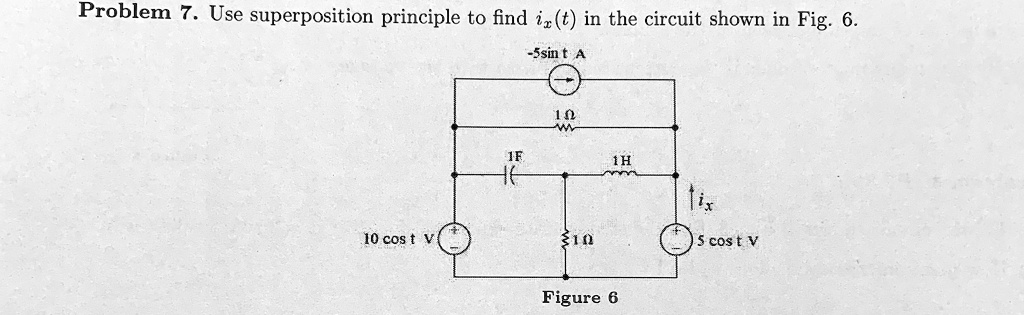 Problem 7. Use superposition principle to find ix(t) in the circuit shown in Fig. 6. -5sin t A ...