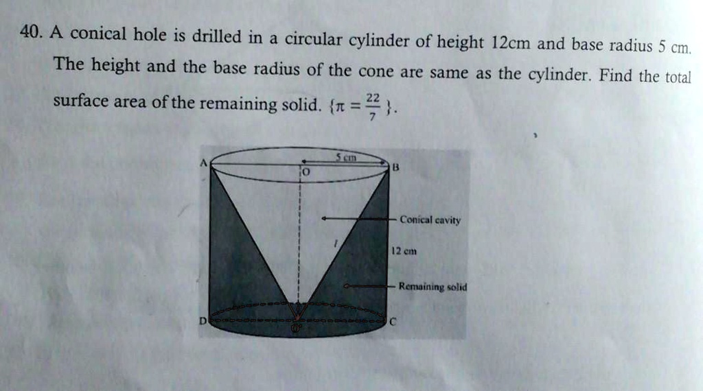 'Find the TSA of remaining solid. 40. A conical hole is drilled in ...