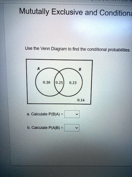 SOLVED:Mututally Exclusive and Conditiona Use the Venn Diagram to find the conditional ...