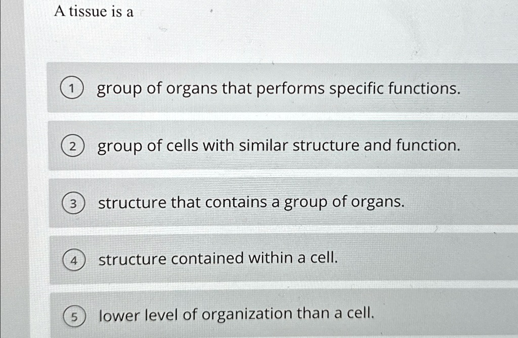 A tissue is a 1 group of organs that performs specific functions. 2 group of cells with similar ...