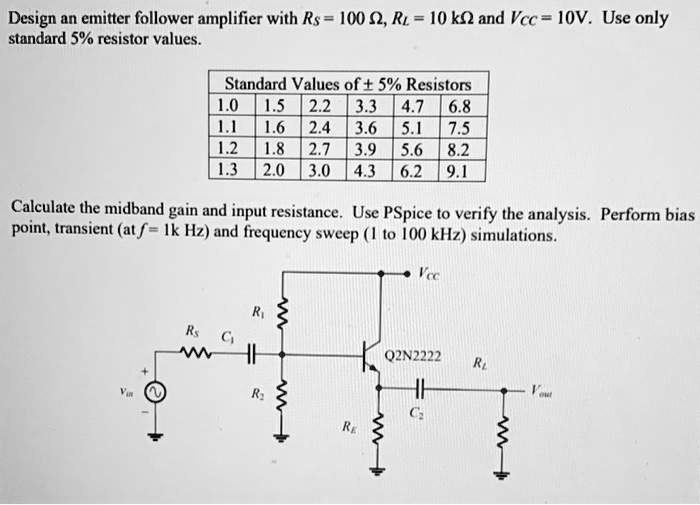 SOLVED: Design an emitter follower amplifier with Rs = 100 ohms, RL = 10k ohms, and VCC = 10V ...