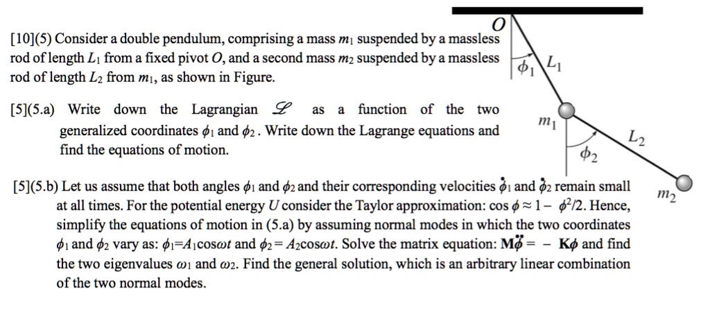 SOLVED: Consider a double pendulum, comprising a mass m1 suspended by a massless rod of length ...