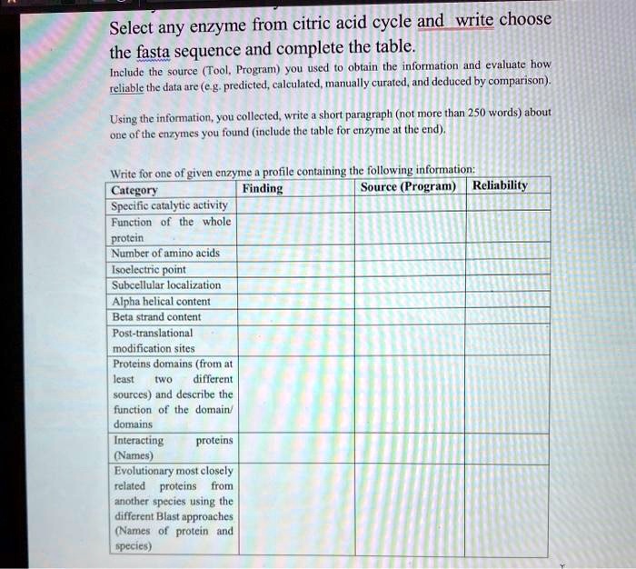 SOLVED: Select any enzyme from the citric acid cycle and choose the fasta sequence to complete ...