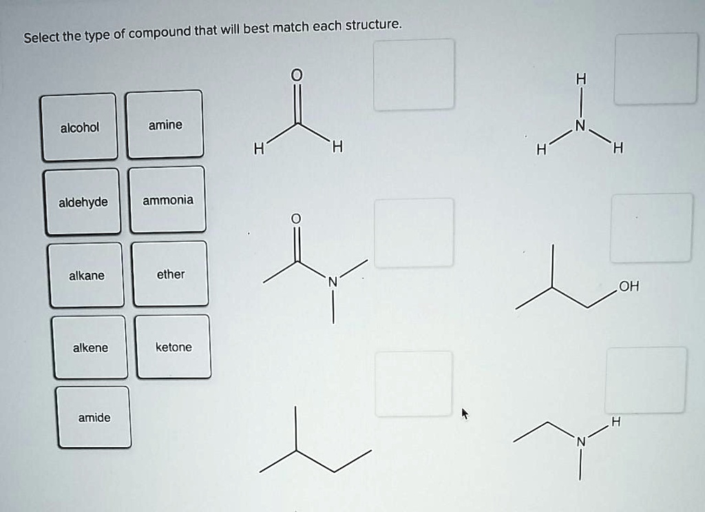 SOLVED: Select the type of compound that will best match each structure alcohol amine H aldehyde ...