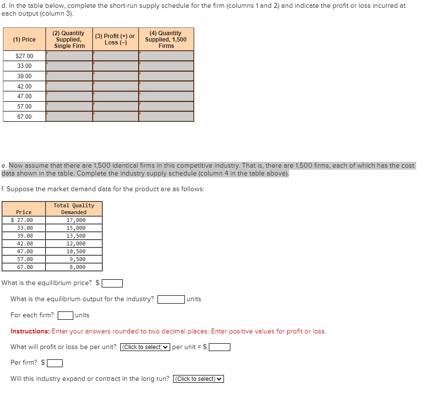SOLVED: d. In the table below, complete the short-run supply schedule ...