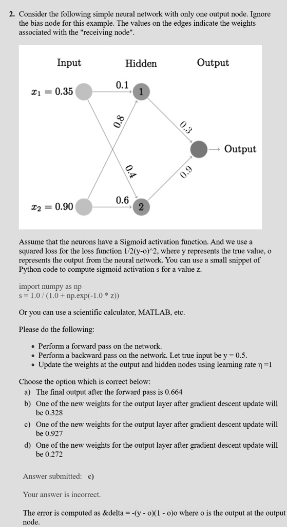 consider the following simple neural network with only one output node ...