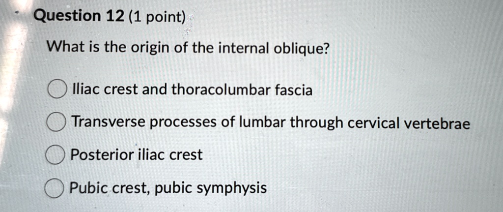 question 12 1 point what is the origin of the internal oblique iliac crest and thoracolumbar ...