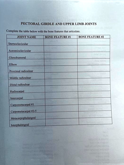 SOLVED: PECTORAL GIRDLE AND UPPER LIMB JOINTS Complete thc table below ...