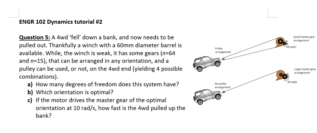 SOLVED: Texts: ENGR 102 Dynamics tutorial #2 Question 5: A 4wd fell down a bank, and now needs ...