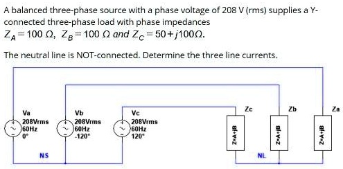 A balanced three-phase source with a phase voltage of 208 V (rms) supplies a Y-connected three ...