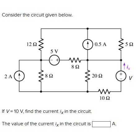 [GET ANSWER] Consider the circuit given below. 12 ? 0.5 A 5 ? 5 V + 8 ? ix 2 A 8 ? 20 ? + V 10 ...
