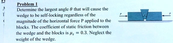 Problem 1 Determine the largest angle θ that will cause the wedge to be ...