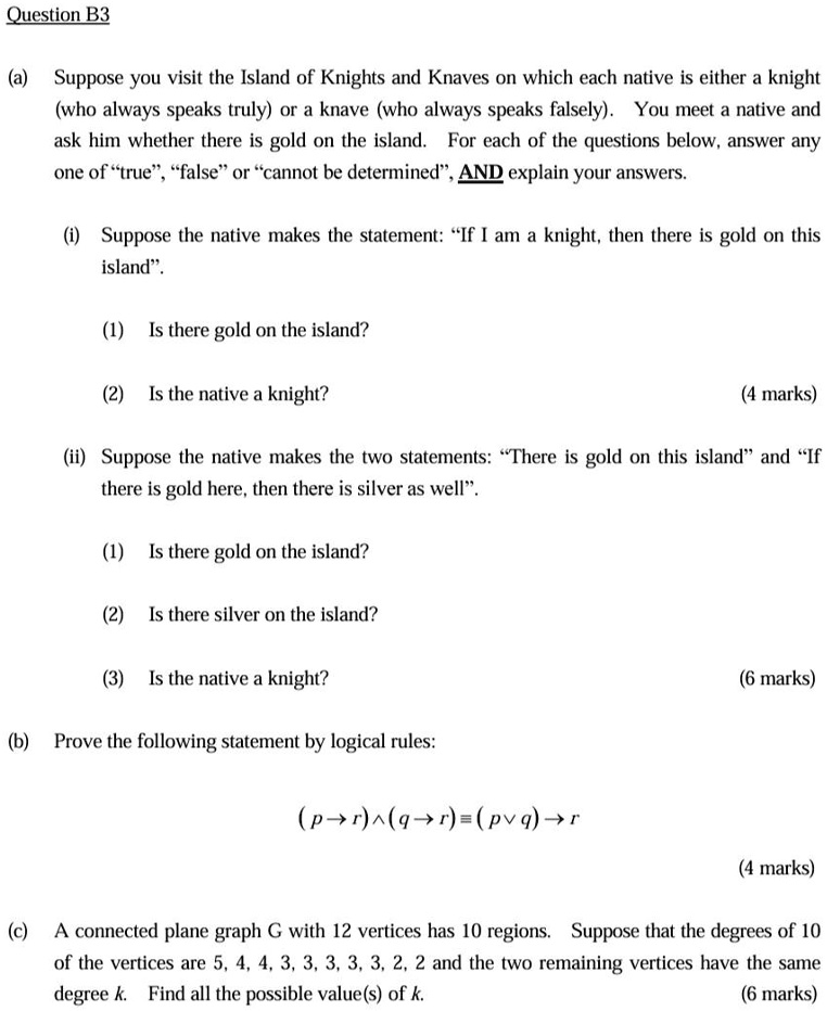 Question B3 (a) Suppose you visit the Island of Knights and Knaves on ...
