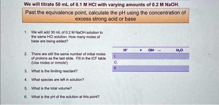 SOLVED: Texts: pH past eq point We will titrate 50 mL of 0.1 M HCl with ...