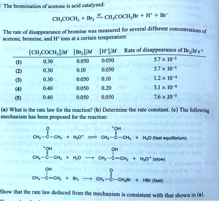 SOLVED: The bromination of acetone is acid catalyzed: CH3COCH3 + Br2 ...