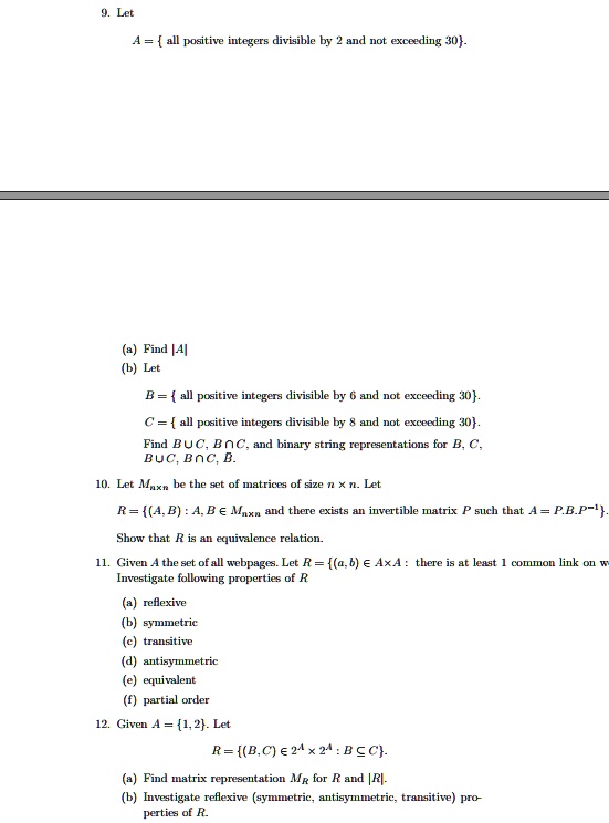 9. Let A = all positive integers divisible by 2 and not exceeding 30 ...