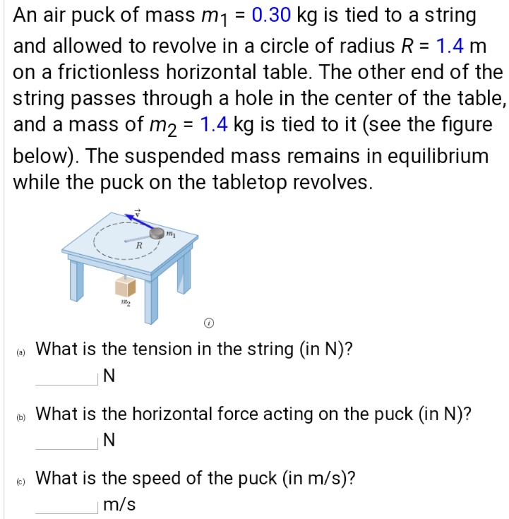 SOLVED: An air puck of mass m1 0.30 kg is tied to a string and allowed to revolve in a circle of ...