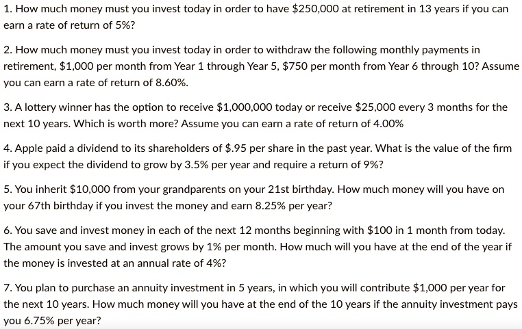 SOLVED: Using Excel, solve the following seven time value of money ...