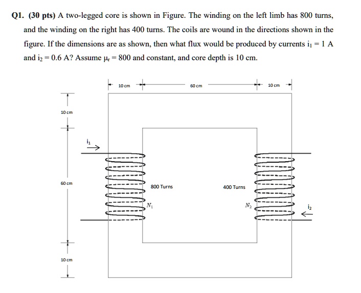 q1 30 pts a two legged core is shown in figure the winding on the left limb has 800 turns and ...