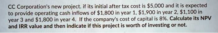 SOLVED: Please show input values of NPV and IRR calculation CC ...