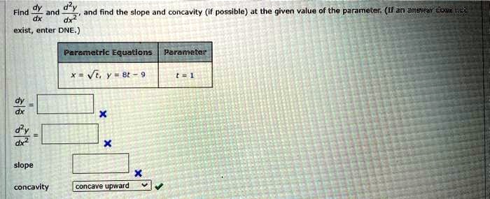 SOLVED: Texts: Find the slope and concavity, if possible, at the given ...