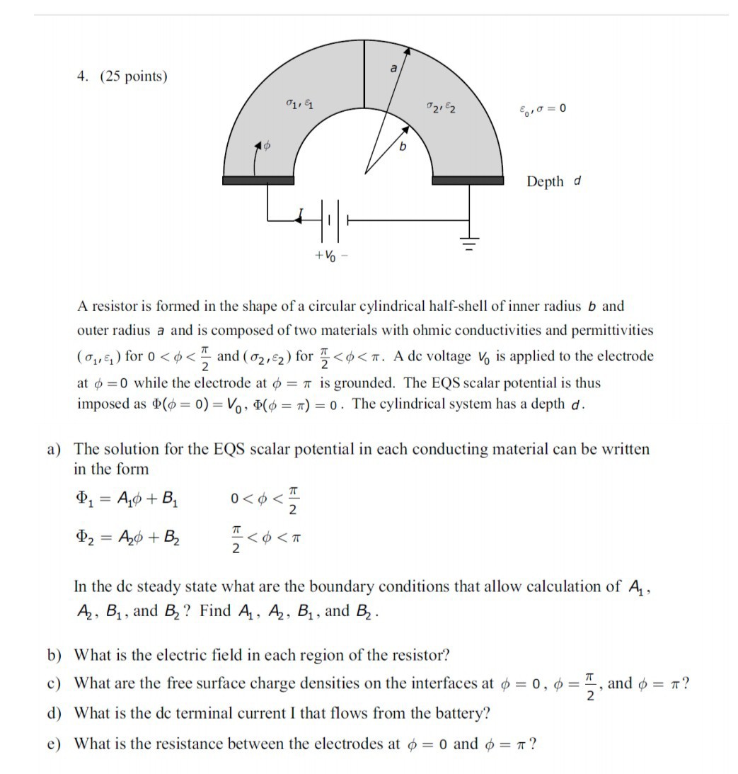 SOLVED: 4. (25 points ) ε0, σ=0 Depth d A resistor is formed in the shape of a circular ...