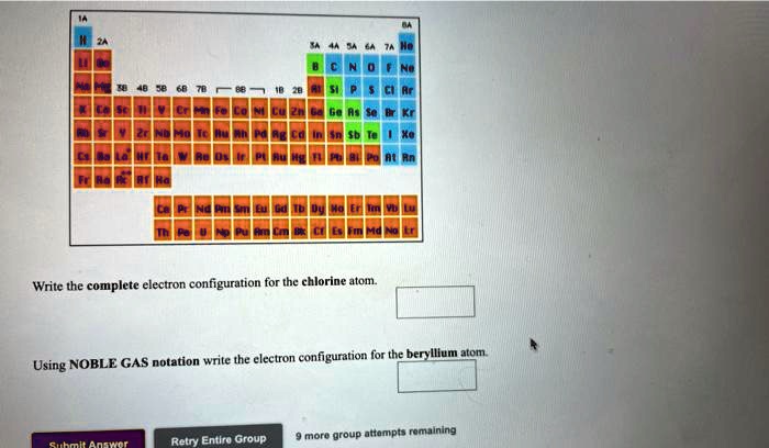 SOLVED: Write the complete electron configuration for the chlorine atom Using NOBLE GAS notation ...