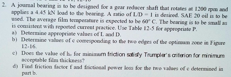 SOLVED: A journal bearing is to be designed for a gear reducer shaft ...