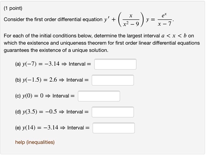 SOLVED:point) Consider the first order differential equation y" (~9)v=r-7: For each of the ...