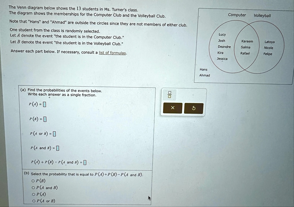 the venn diagram below shows the 13 students in ms turners class the ...