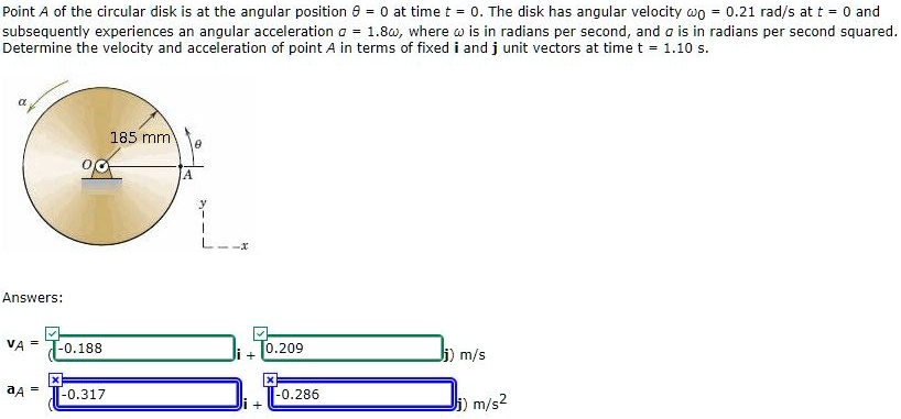 SOLVED: Point A of the circular disk is at the angular position =0 at time t=0.The disk has ...