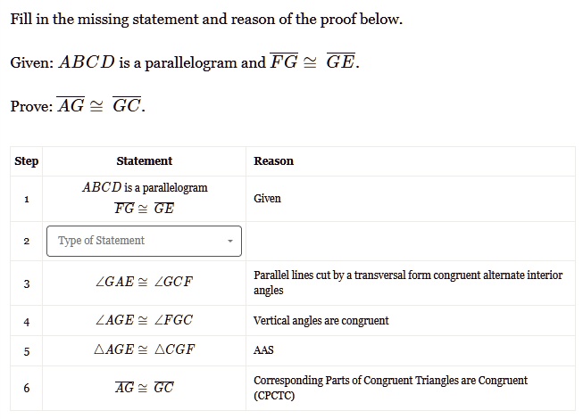SOLVED: Fill in the missing statement and reason of the proof below: Given: ABCD is a ...