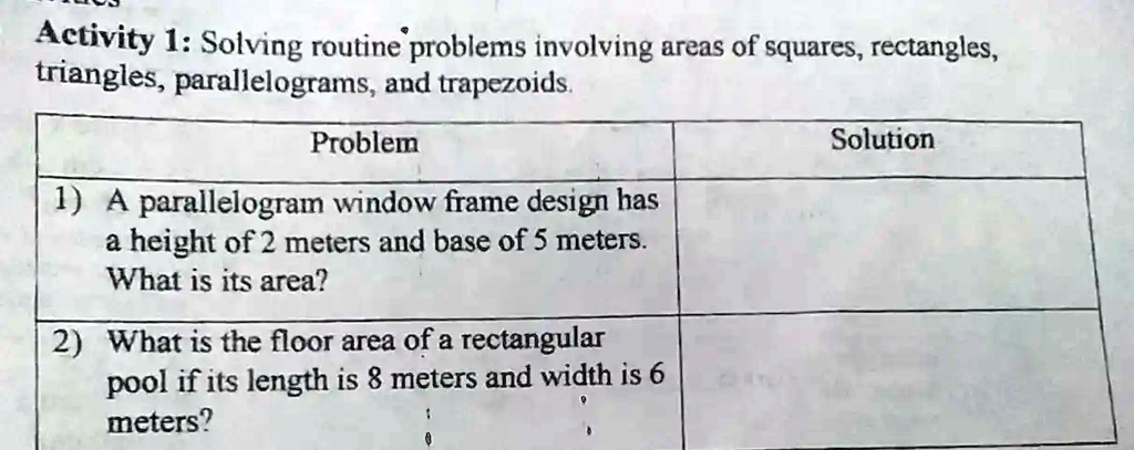 Activity 1: Solving routine problems involving areas of squares, rectangles, triangles ...