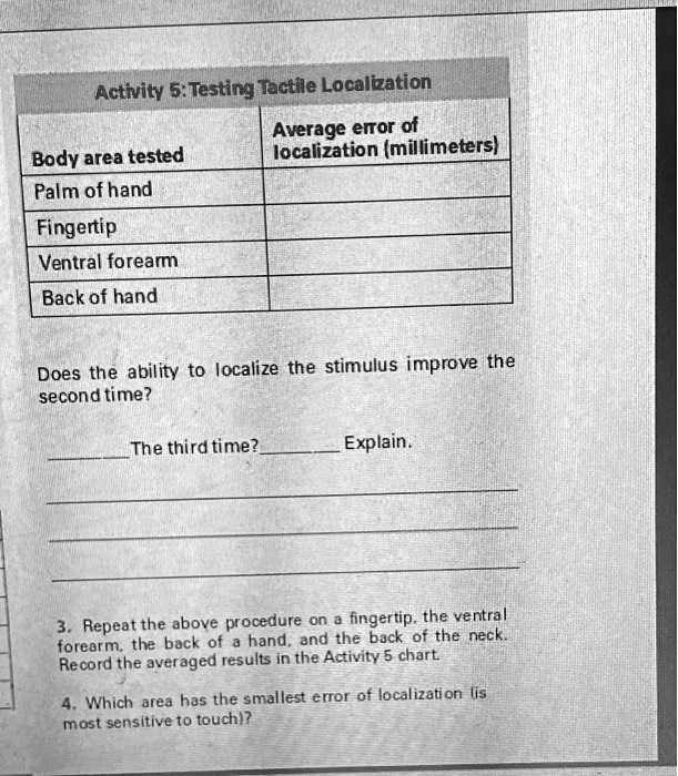 Activity 5: Testing Tactile Localization Average error of Body area ... Activity 5: Testing Tactile Localization Average error of Body area ...