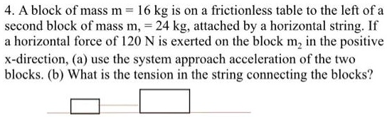 SOLVED: A block of mass m 16 kg is on a frictionless table to the left of a second block of mass ...