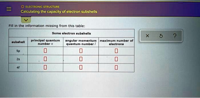 0 electronic siructure calculating the capacity of electron subshells fill in the information ...