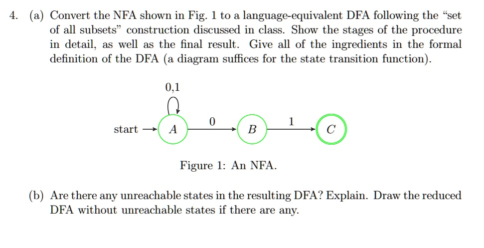 (a) Convert the NFA shown in Fig. 1 to a language-equivalent DFA following the "set of all ...