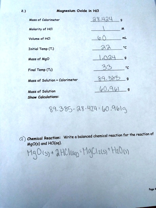 SOLVED: Magnesium Oxide In HCI Mass of Calorimeter 3424 Molari HCI ...