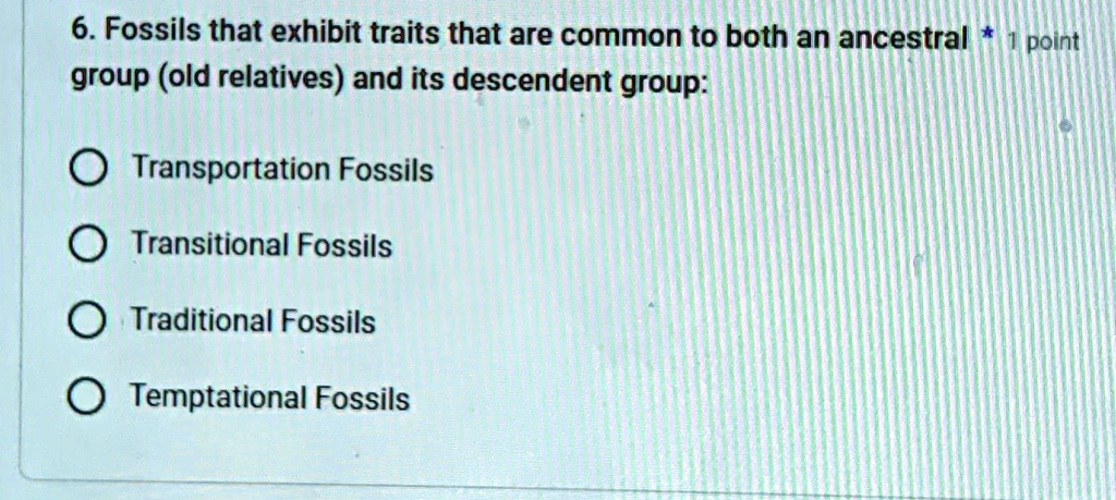 fossils that exhibit traits that are common to both an ancestral group old relatives and its ...