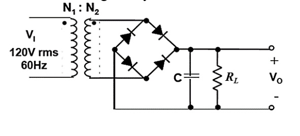 Consider the rectifier circuit shown, where the AC line voltage is 120 V (rms), 60 Hz; the ...