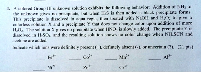 4. A colored Group III unknown solution exhibits the following behavior ...