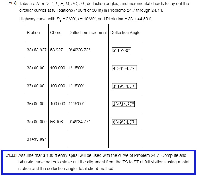 SOLVED: 24.7) Tabulate Ror D, T,L E M, PC, PT, deilection angles, and incremental chords to lay ...