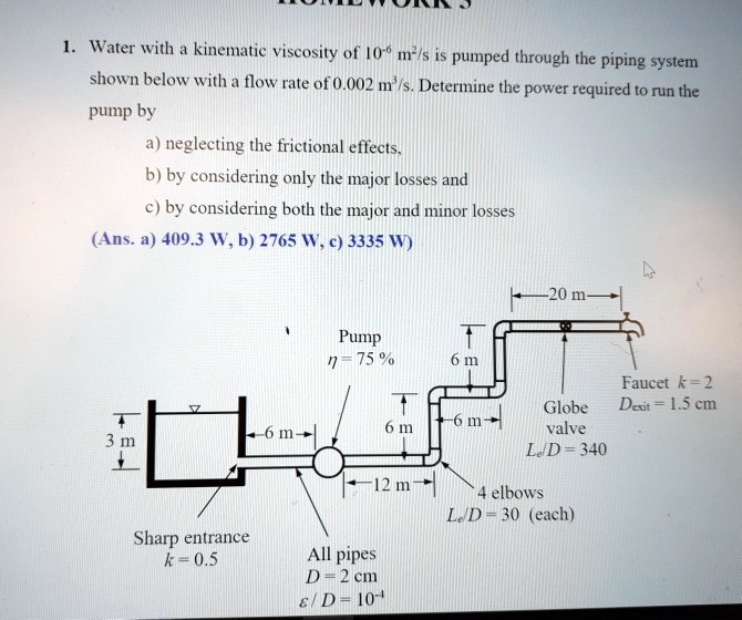 1. Water with a kinematic viscosity of 10^-6 m^2/s is pumped through ...