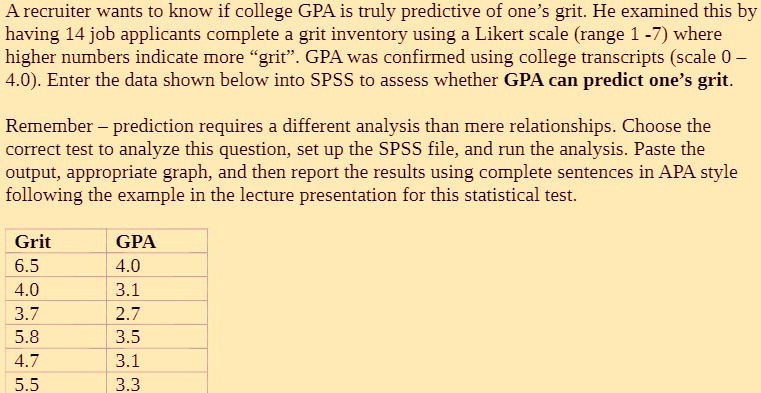 A recruiter wants to know if college GPA is truly predictive of one's grit. He examined this by ...