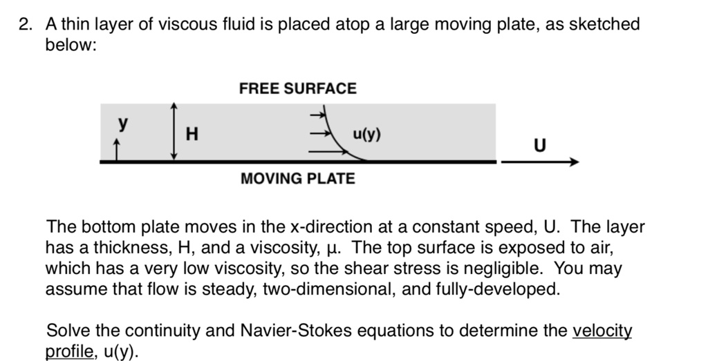 SOLVED: 2. A thin layer of viscous fluid is placed atop a large moving plate, as sketched below ...