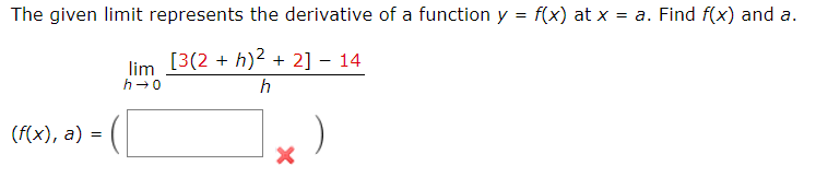SOLVED: The given limit represents the derivative of a function y=f(x) at x=a. Find f(x) and a ...