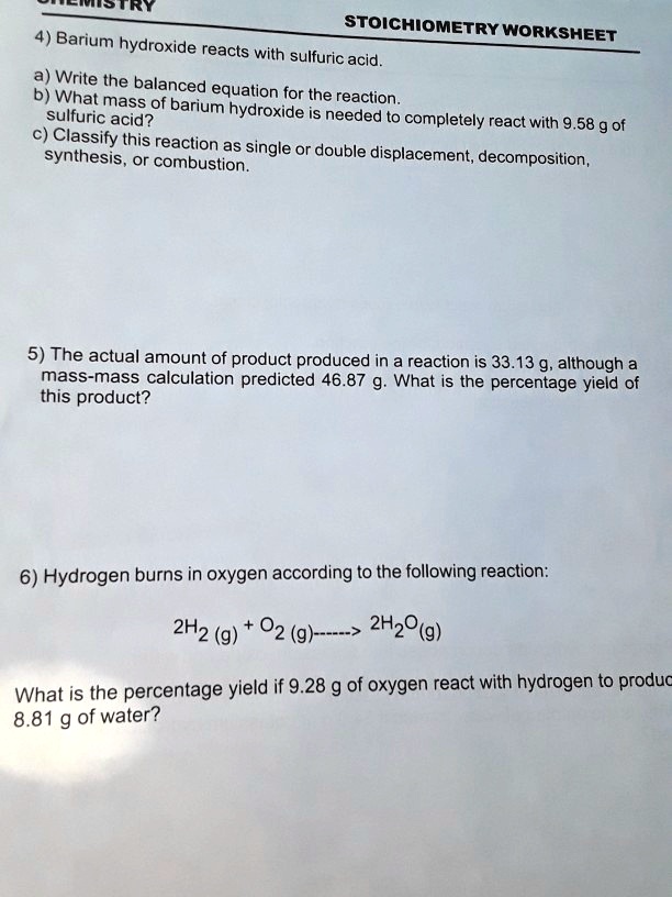 SOLVED: Stoichiometry Worksheet: Barium hydroxide reacts with sulfuric ...