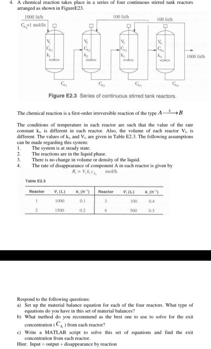 A Chemical Reaction Takes Place In A Series Of Four Continuous Stirred Tank Reactors Arranged As